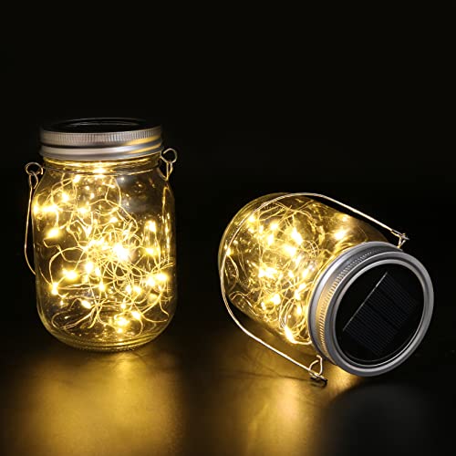 PChero Solar Mason Jar Lights, 2 Pack 30 LEDs Fairy Lights with Jars and Hangers, IP65 Waterproof Decorative Solar Hanging Lanterns Table Light for Outdoor Lawn Home Garden Yard Patio Party Decor