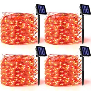 remagr 4 pack halloween solar outdoor lights waterproof each 33 ft 100 led fairy light, 8 modes hanging powered star rope light twinkle string for christmas garden patio yard tree party (orange)