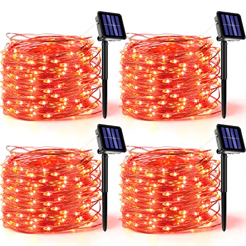 Remagr 4 Pack Halloween Solar Outdoor Lights Waterproof Each 33 ft 100 LED Fairy Light, 8 Modes Hanging Powered Star Rope Light Twinkle String for Christmas Garden Patio Yard Tree Party (Orange)