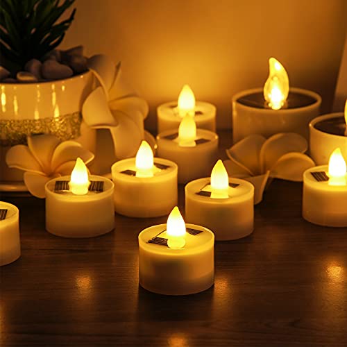 6 Pieces Solar Tea Light Candles Flameless Outdoor Waterproof Solar Tea Lights Rechargeable Candles with Dusk to Dawn Flickering Light Sensor for Party Garden Home Decor, 1.5 x 1.4 Inch