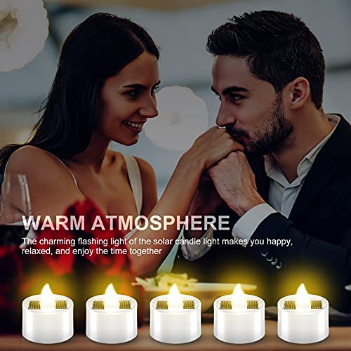 6 Pieces Solar Tea Light Candles Flameless Outdoor Waterproof Solar Tea Lights Rechargeable Candles with Dusk to Dawn Flickering Light Sensor for Party Garden Home Decor, 1.5 x 1.4 Inch