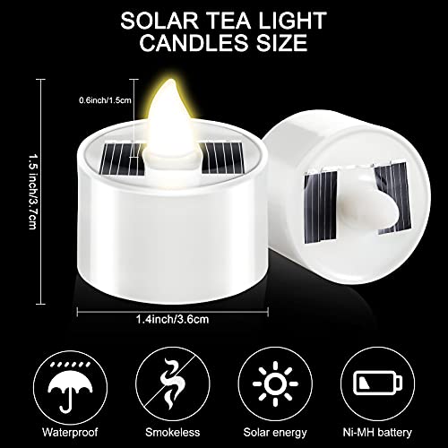 6 Pieces Solar Tea Light Candles Flameless Outdoor Waterproof Solar Tea Lights Rechargeable Candles with Dusk to Dawn Flickering Light Sensor for Party Garden Home Decor, 1.5 x 1.4 Inch