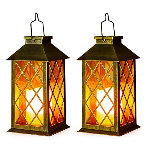 Solar Lanterns Outdoor Waterproof Decor - OxyLED 2 Pack 12 Inch Retro Lantern with Hanging Handle Flickering Flameless Candle Mission Lights for Garden Patio Yard Table Fence Porch