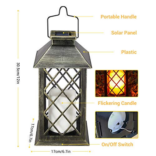 Solar Lanterns Outdoor Waterproof Decor - OxyLED 2 Pack 12 Inch Retro Lantern with Hanging Handle Flickering Flameless Candle Mission Lights for Garden Patio Yard Table Fence Porch