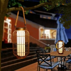 baterysu Large Outdoor Solar Lanterns Hanging Light Waterproof LED Garden Lights Solar Powered Retro Metal Auto On Off Table Lamp for Garden Patio Porch Pathway Walkway Tabletop Decorative(Bronze)