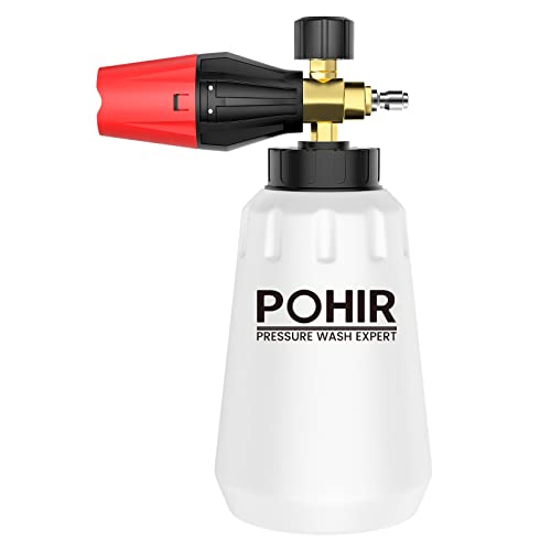 POHIR Foam Cannon for Pressure Washer, Wide Neck Snow Foam Lance with 1/4” Quick Connect, Wide Base Heavy Duty Car Wash Foam Blaster, Adjustable 1L Foam Sprayer Power Washer Accessories