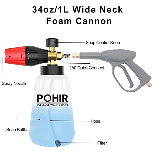 POHIR Foam Cannon for Pressure Washer, Wide Neck Snow Foam Lance with 1/4” Quick Connect, Wide Base Heavy Duty Car Wash Foam Blaster, Adjustable 1L Foam Sprayer Power Washer Accessories