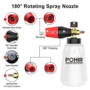 POHIR Foam Cannon for Pressure Washer, Wide Neck Snow Foam Lance with 1/4” Quick Connect, Wide Base Heavy Duty Car Wash Foam Blaster, Adjustable 1L Foam Sprayer Power Washer Accessories