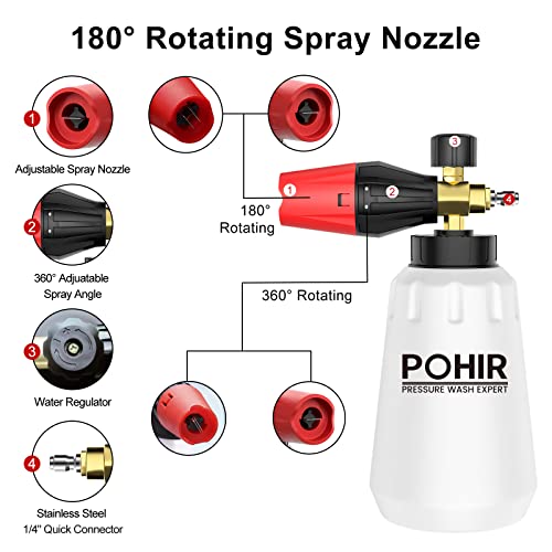 POHIR Foam Cannon for Pressure Washer, Wide Neck Snow Foam Lance with 1/4” Quick Connect, Wide Base Heavy Duty Car Wash Foam Blaster, Adjustable 1L Foam Sprayer Power Washer Accessories