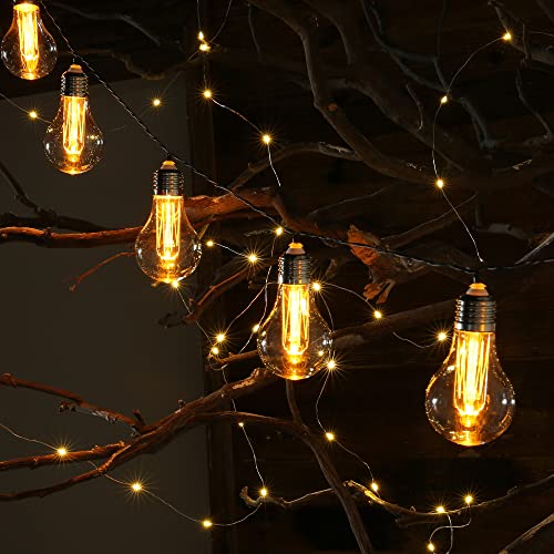 Battery Operated Edison Lights Outdoor String with Timer, 6.56 Ft String of 10 A19 Edison Bulbs, Short Battery Powered Waterproof Plastic Edison String Lights for Hanging Patio Garden (Black Cord)