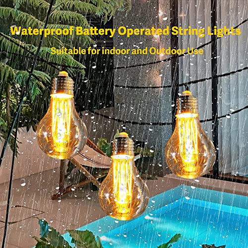 Battery Operated Edison Lights Outdoor String with Timer, 6.56 Ft String of 10 A19 Edison Bulbs, Short Battery Powered Waterproof Plastic Edison String Lights for Hanging Patio Garden (Black Cord)