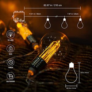 Battery Operated Edison Lights Outdoor String with Timer, 6.56 Ft String of 10 A19 Edison Bulbs, Short Battery Powered Waterproof Plastic Edison String Lights for Hanging Patio Garden (Black Cord)