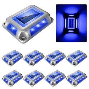 crepow solar deck lights driveway dock lights- 8 packs waterproof 1200mah solar powered outdoor led aluminum dock lighting road markers step lights for driveway sidewalk garden pathway yard (blue)