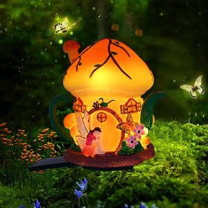 vookry solar mushroom lights fairy garden lights for home decor outdoor decorative stakes mushroom house solar powered led landscape lighting for lawn, walkway, patio, yard