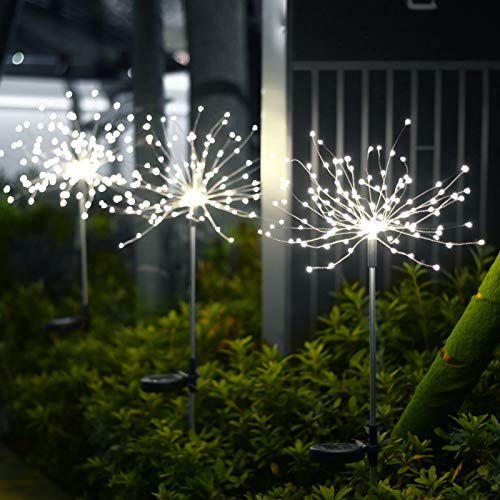 Garden Decorative Flowers Firework Lights Solar Powered 120 LED 40 Copper Wire DIY Waterproof Landscape Stake Light for Halloween, Christmas, Patio Yard Pathway Lawn Party Decor(White, 2 Pack )