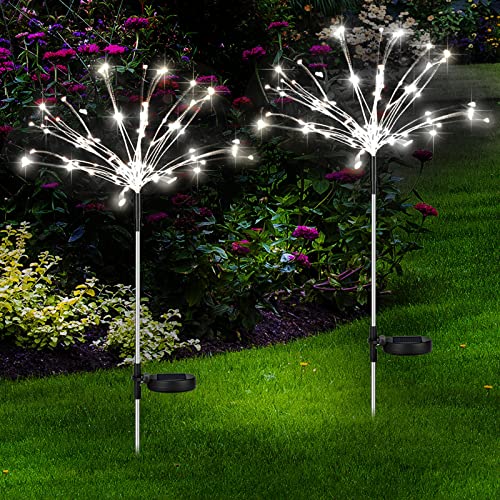 Garden Decorative Flowers Firework Lights Solar Powered 120 LED 40 Copper Wire DIY Waterproof Landscape Stake Light for Halloween, Christmas, Patio Yard Pathway Lawn Party Decor(White, 2 Pack )