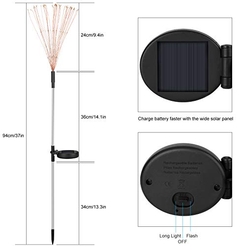 Garden Decorative Flowers Firework Lights Solar Powered 120 LED 40 Copper Wire DIY Waterproof Landscape Stake Light for Halloween, Christmas, Patio Yard Pathway Lawn Party Decor(White, 2 Pack )