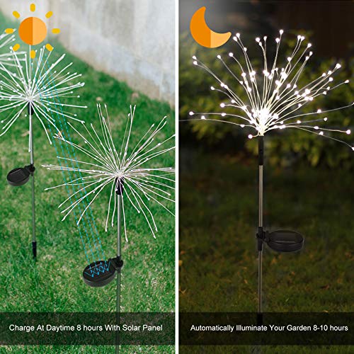 Garden Decorative Flowers Firework Lights Solar Powered 120 LED 40 Copper Wire DIY Waterproof Landscape Stake Light for Halloween, Christmas, Patio Yard Pathway Lawn Party Decor(White, 2 Pack )