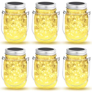 mason jar solar lights 40 led, 6 pack fairy hanging solar lights outdoor with jars and hangers, waterproof decorative solar lanterns for home garden patio party wedding christmas, warm white