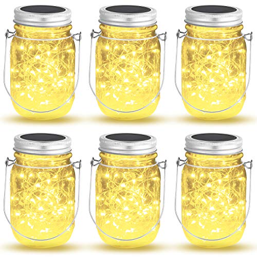 Mason Jar Solar Lights 40 LED, 6 Pack Fairy Hanging Solar Lights Outdoor with Jars and Hangers, Waterproof Decorative Solar Lanterns for Home Garden Patio Party Wedding Christmas, Warm White