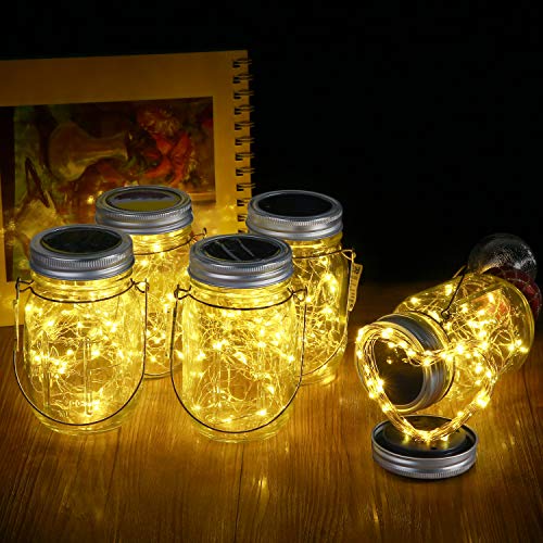 Mason Jar Solar Lights 40 LED, 6 Pack Fairy Hanging Solar Lights Outdoor with Jars and Hangers, Waterproof Decorative Solar Lanterns for Home Garden Patio Party Wedding Christmas, Warm White