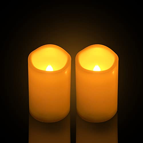 2WDECOR Outdoor Battery Operated Flameless Candles with Timer, Realistic Flickering Plastic Fake Electric LED Pillar Lights Waved Edge for Home Garden Wedding Party Christmas Decor 3x5 Inches 2-Pack