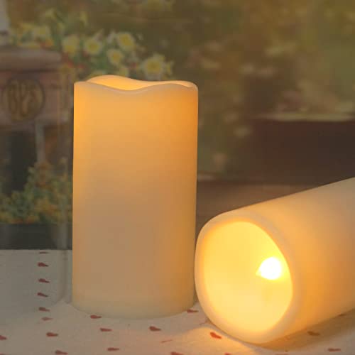 2WDECOR Outdoor Battery Operated Flameless Candles with Timer, Realistic Flickering Plastic Fake Electric LED Pillar Lights Waved Edge for Home Garden Wedding Party Christmas Decor 3x5 Inches 2-Pack