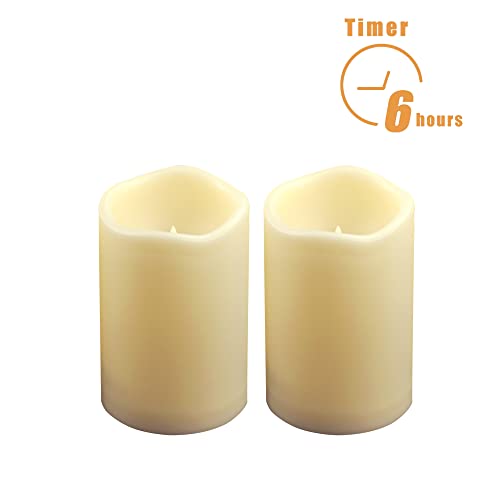 2WDECOR Outdoor Battery Operated Flameless Candles with Timer, Realistic Flickering Plastic Fake Electric LED Pillar Lights Waved Edge for Home Garden Wedding Party Christmas Decor 3x5 Inches 2-Pack