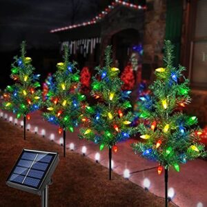 windpnn upgraded 4-pack solar christmas garden stake lights, decorative xmas tree solar christmas yard stake outdoor waterproof christmas pathway lights for christmas decoration garden patio yard