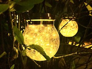 solar lantern, yikzart patio decor outdoor lanterns with 50 led, outdoor hanging waterproof solar cracked glass ball warm lights decorations for yard garden patio deck lawn fence 1 pack