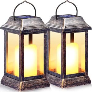 tomcare solar lights outdoor flickering flameless metal solar lantern outdoor hanging decorative candle lanterns heavy duty waterproof umbrella decorations lighting for patio garden deck yard, 2 pack