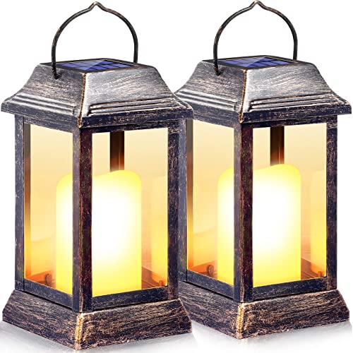 TomCare Solar Lights Outdoor Flickering Flameless Metal Solar Lantern Outdoor Hanging Decorative Candle Lanterns Heavy Duty Waterproof Umbrella Decorations Lighting for Patio Garden Deck Yard, 2 Pack