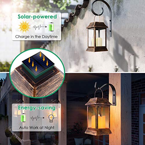 TomCare Solar Lights Outdoor Flickering Flameless Metal Solar Lantern Outdoor Hanging Decorative Candle Lanterns Heavy Duty Waterproof Umbrella Decorations Lighting for Patio Garden Deck Yard, 2 Pack