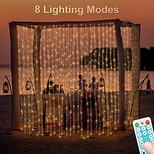 300 LED Solar Curtain Light Outdoor Remote Control 8 Lighting Modes Fairy Lights, IP65 Waterproof Copper Wire Lights for Christmas Party Wedding Home Bedroom Garden Wall Decorations (Warm)