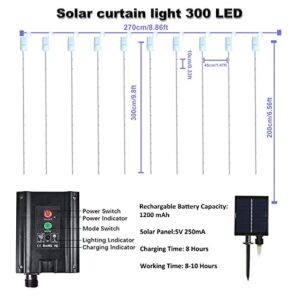 300 LED Solar Curtain Light Outdoor Remote Control 8 Lighting Modes Fairy Lights, IP65 Waterproof Copper Wire Lights for Christmas Party Wedding Home Bedroom Garden Wall Decorations (Warm)