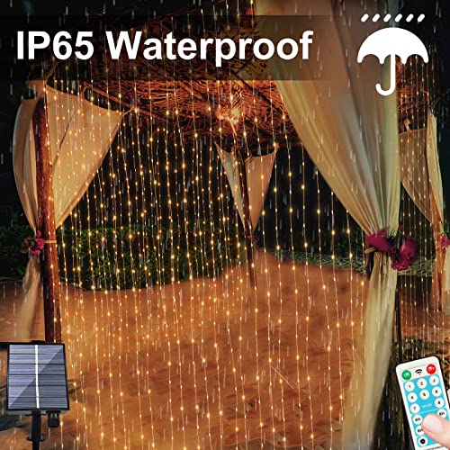 300 LED Solar Curtain Light Outdoor Remote Control 8 Lighting Modes Fairy Lights, IP65 Waterproof Copper Wire Lights for Christmas Party Wedding Home Bedroom Garden Wall Decorations (Warm)