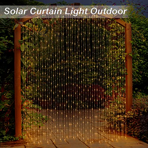 300 LED Solar Curtain Light Outdoor Remote Control 8 Lighting Modes Fairy Lights, IP65 Waterproof Copper Wire Lights for Christmas Party Wedding Home Bedroom Garden Wall Decorations (Warm)