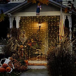 300 LED Solar Curtain Light Outdoor Remote Control 8 Lighting Modes Fairy Lights, IP65 Waterproof Copper Wire Lights for Christmas Party Wedding Home Bedroom Garden Wall Decorations (Warm)