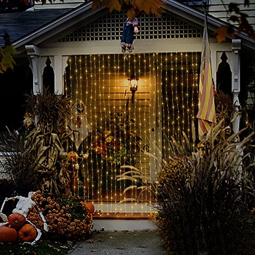 300 LED Solar Curtain Light Outdoor Remote Control 8 Lighting Modes Fairy Lights, IP65 Waterproof Copper Wire Lights for Christmas Party Wedding Home Bedroom Garden Wall Decorations (Warm)