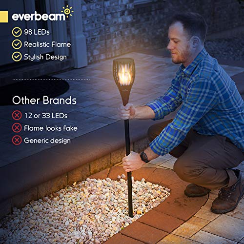 Everbeam P1 Solar Torch Light with Flickering Flame - Our Waterproof Outdoor Solar Tiki Torches Come Equipped with 96 LED Bulbs That Create A Stunning Realistic Fire Effect - 1 Pack