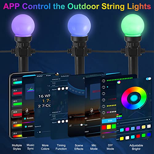 Omgomne Outdoor String Lights with APP Control,40FT(30+10) Smart Patio Lights RGB Hanging String Lights with 10 LED Bulbs for Outside Party Garden Backyard IP65 Waterproof