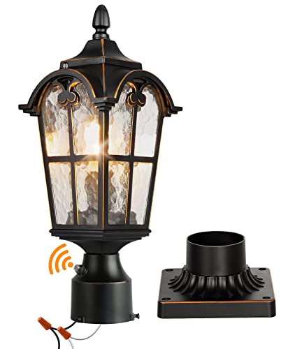 Hardwired 120V Dusk to Dawn Outdoor Post Light Black Roman, Waterproof Aluminum Pole Light Fixture with Pier Mount Base, Exterior Lamp Post Lantern Head with Clear Glass for Garden Yard Patio Pathway