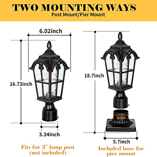 Hardwired 120V Dusk to Dawn Outdoor Post Light Black Roman, Waterproof Aluminum Pole Light Fixture with Pier Mount Base, Exterior Lamp Post Lantern Head with Clear Glass for Garden Yard Patio Pathway