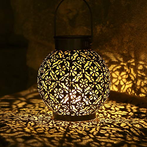 Solar Lanterns Outdoor, Shineslay Solar Lanterns Outdoor IP44 Waterproof, 1 Pack Hollowed-Out Metal Retro Hanging LED Lights, Sensitive Lighting Control Lamp for Patio Courtyard Balcony Garden