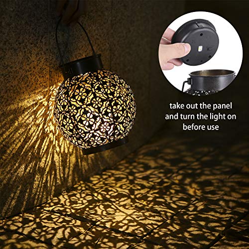 Solar Lanterns Outdoor, Shineslay Solar Lanterns Outdoor IP44 Waterproof, 1 Pack Hollowed-Out Metal Retro Hanging LED Lights, Sensitive Lighting Control Lamp for Patio Courtyard Balcony Garden