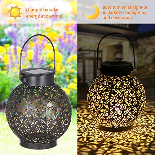 Solar Lanterns Outdoor, Shineslay Solar Lanterns Outdoor IP44 Waterproof, 1 Pack Hollowed-Out Metal Retro Hanging LED Lights, Sensitive Lighting Control Lamp for Patio Courtyard Balcony Garden