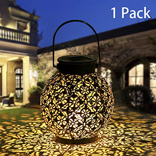 Solar Lanterns Outdoor, Shineslay Solar Lanterns Outdoor IP44 Waterproof, 1 Pack Hollowed-Out Metal Retro Hanging LED Lights, Sensitive Lighting Control Lamp for Patio Courtyard Balcony Garden