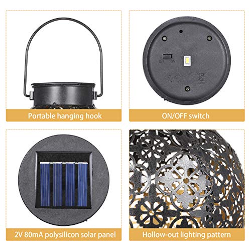 Solar Lanterns Outdoor, Shineslay Solar Lanterns Outdoor IP44 Waterproof, 1 Pack Hollowed-Out Metal Retro Hanging LED Lights, Sensitive Lighting Control Lamp for Patio Courtyard Balcony Garden