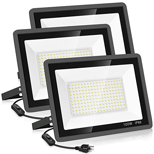 YANYCN 3 Pack 100W Led Flood Lights Outdoor,Super Bright 11600LM Security Lights with Plug,Exterior IP66 Waterproof 5000K Daylight White FloodLight for Basketball Court, Yard, Garden, Playground