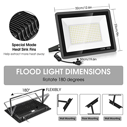 YANYCN 3 Pack 100W Led Flood Lights Outdoor,Super Bright 11600LM Security Lights with Plug,Exterior IP66 Waterproof 5000K Daylight White FloodLight for Basketball Court, Yard, Garden, Playground